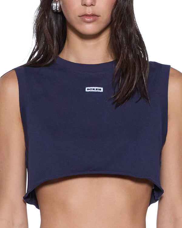 Womens Labels Crop Tank Navy Tees | Ksubi